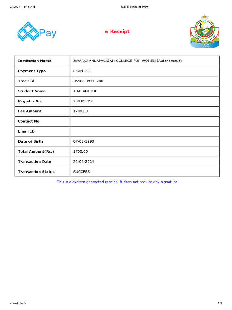 IOB E-Receipt Print | PDF