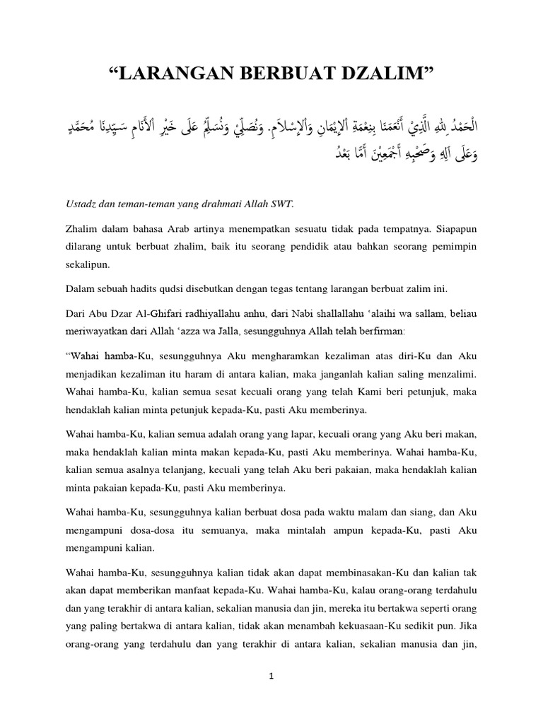 Kultum Larangan Berbuat Dzalim | PDF
