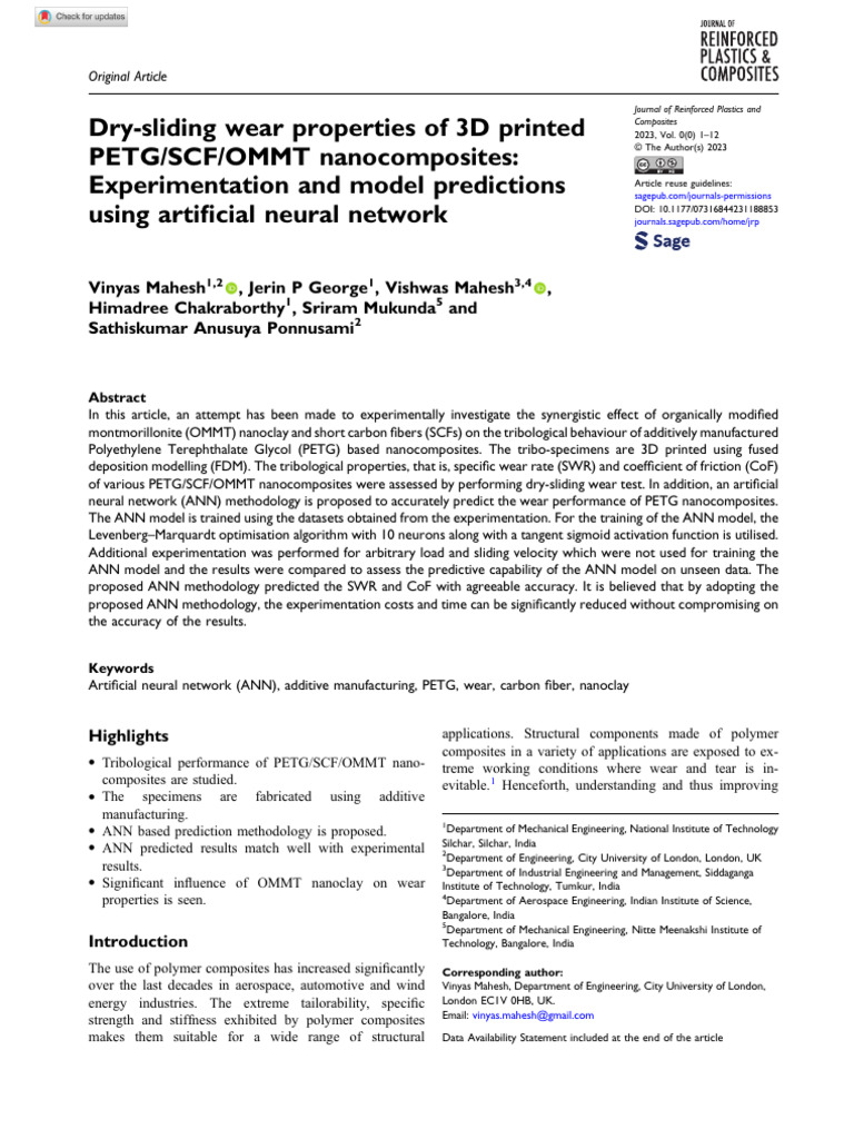 Dry Sliding Wear Properties of 3d Printed Petg SCF Ommt Nanocomposites ...