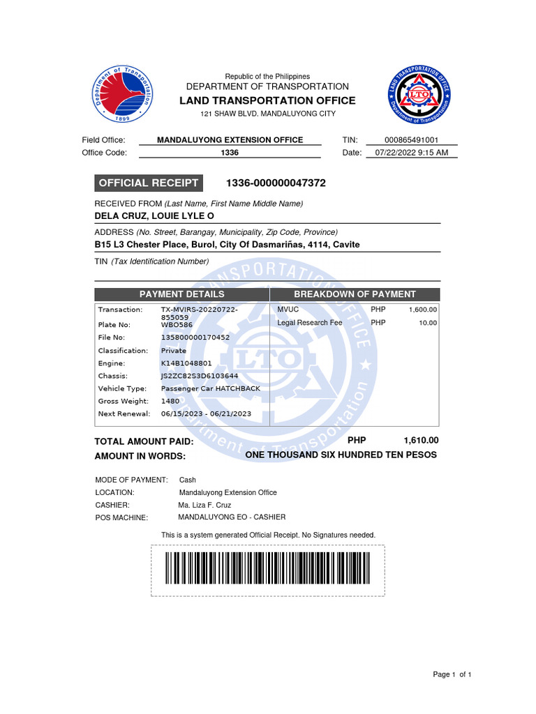 LTO OR Registration | PDF