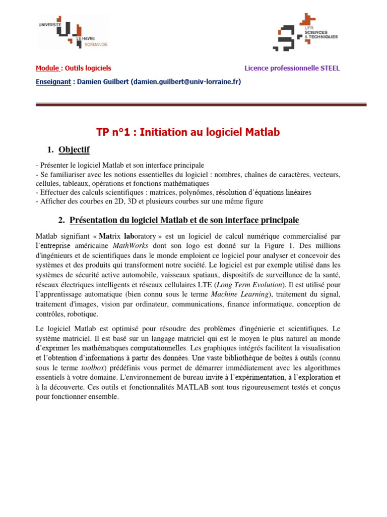 TP1 - Initiation Au Logiciel Matlab | PDF | Matrice (Mathématiques) | Polynôme