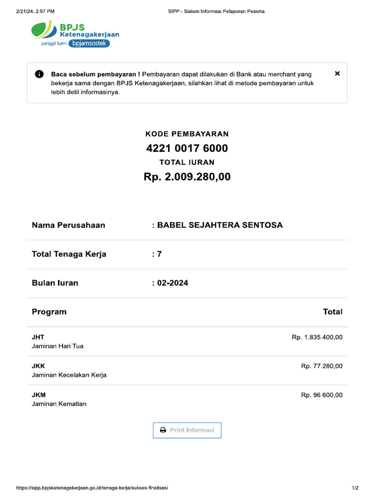 Billing BPJS TK KSS - Feb 24 | PDF