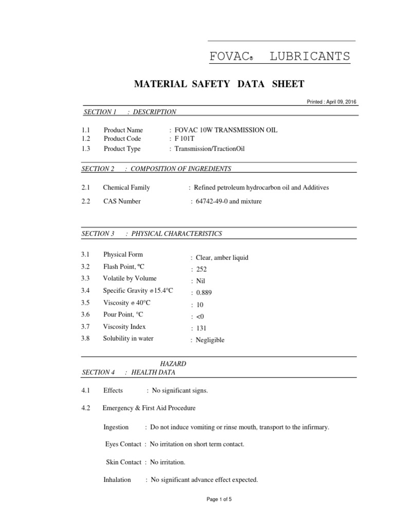 10W Transmission Oil Fovac MSDS | PDF | Environmental Issues ...
