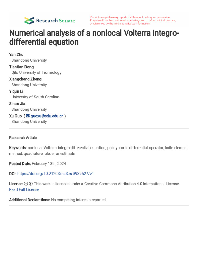 Numerical Analysis of A Nonlocal Volterra Integro | PDF | Differential Equations | Finite ...
