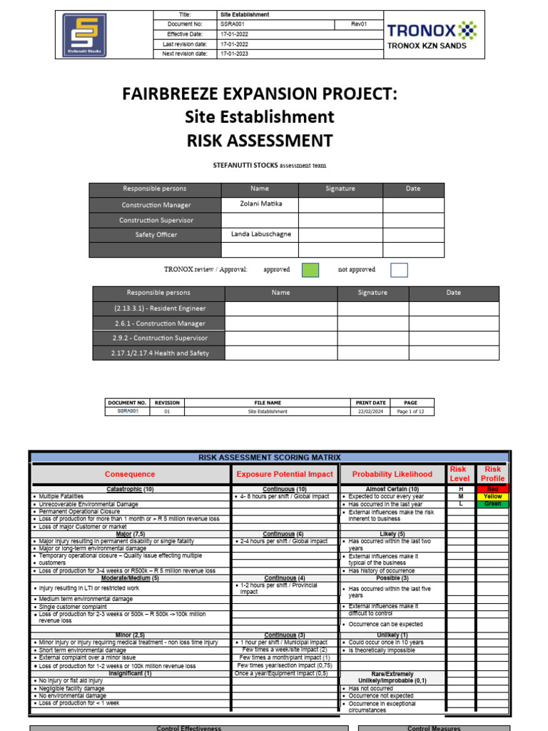 RA001 Site Establishment Rev 01 | PDF | Risk | Risk Assessment