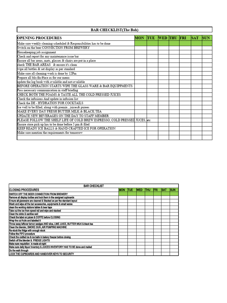 Bah Bar Opening and Closing Checklist | PDF | Drink | Food And Drink