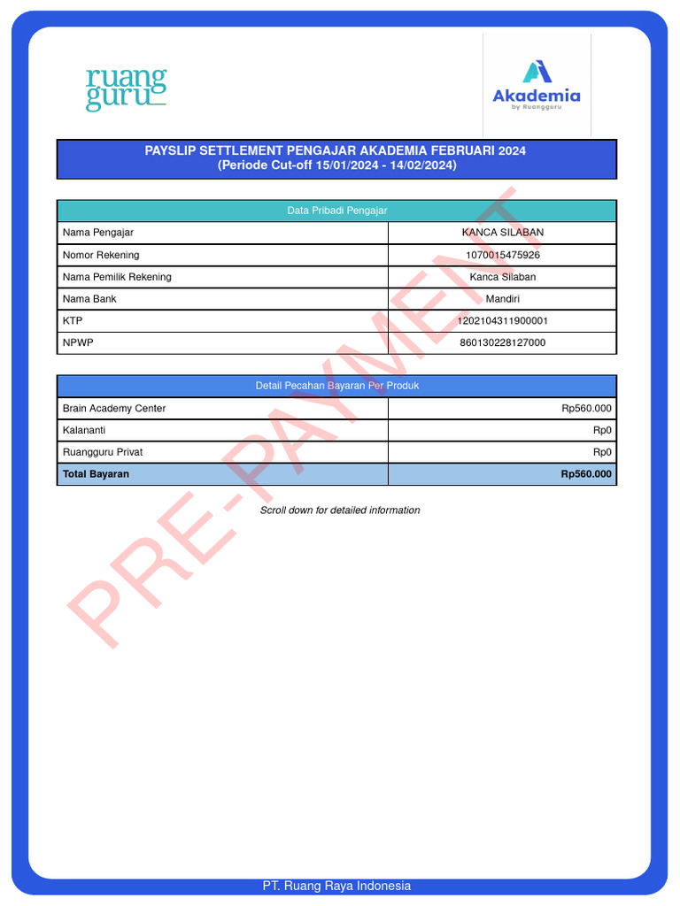 Pre Payment Payslip February 2024 | PDF