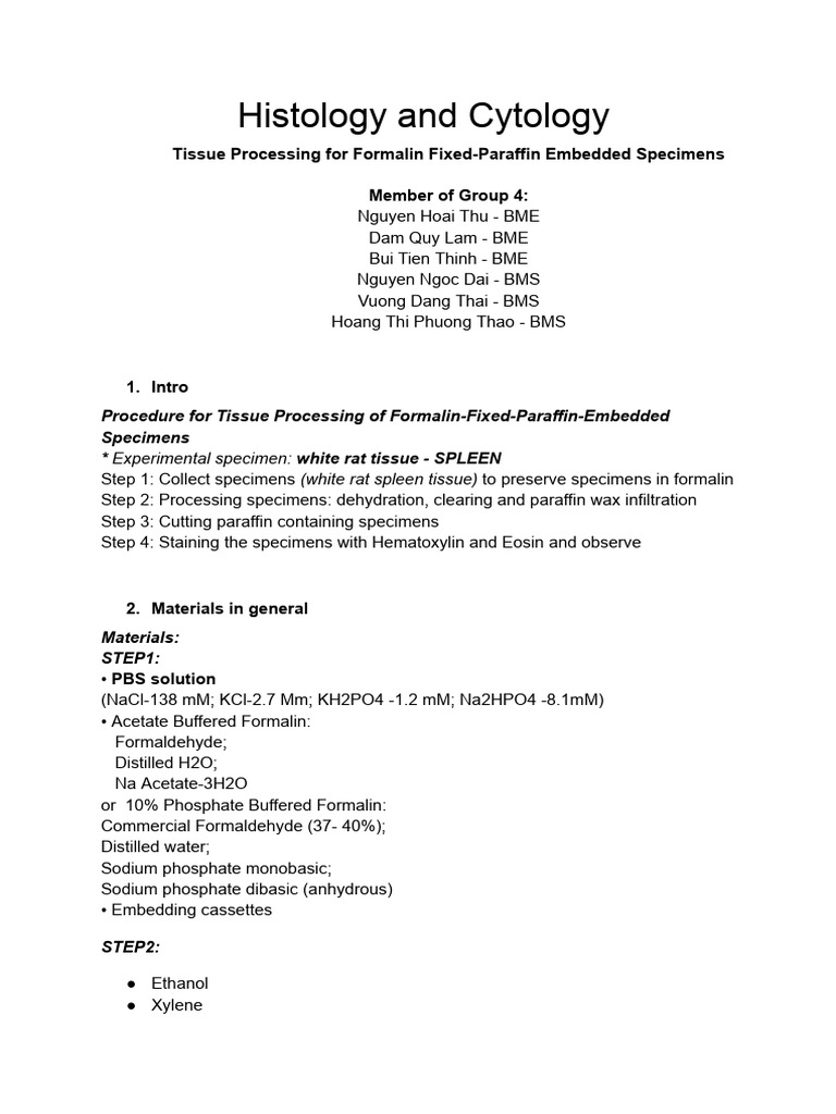 Histology Protocol for BME/BMS Students | PDF | Fixation (Histology ...