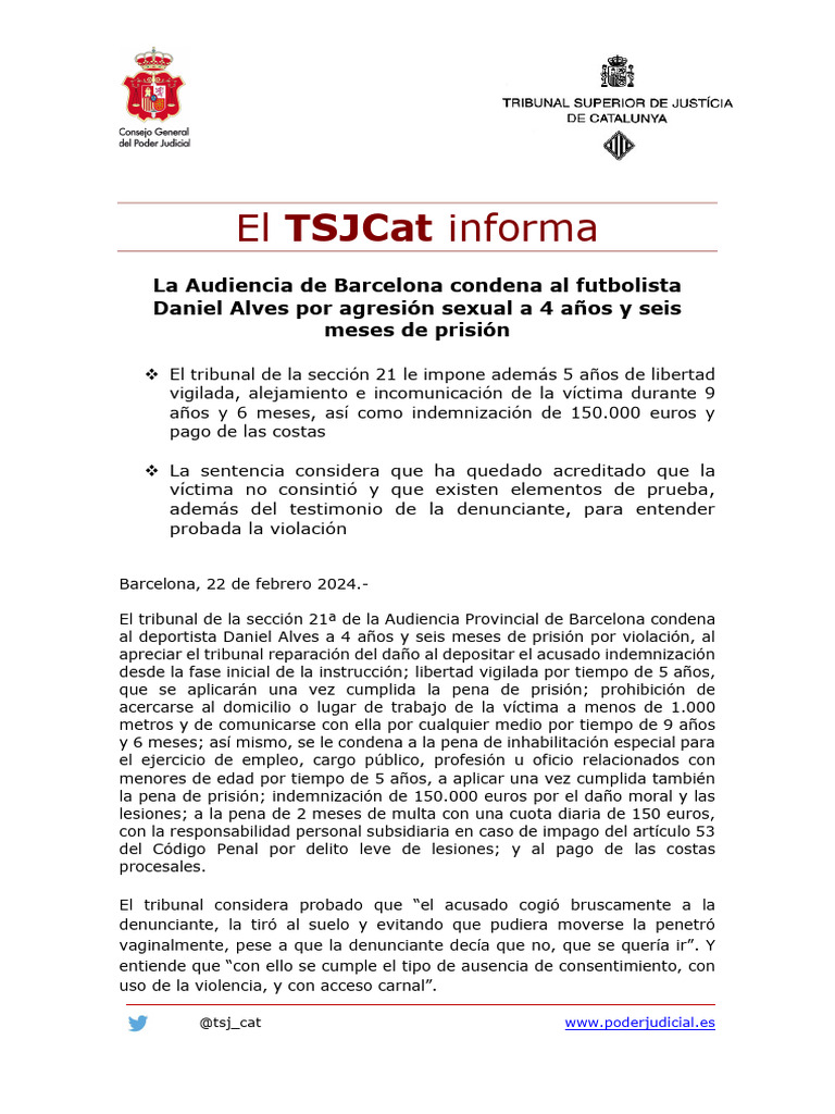 Sentencia Del TSJC Sobre El Caso Alves | PDF | Sentencia (ley) | Castigos