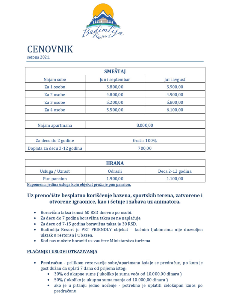 Cenovnik Budimlija Resort 2021 PDF | PDF