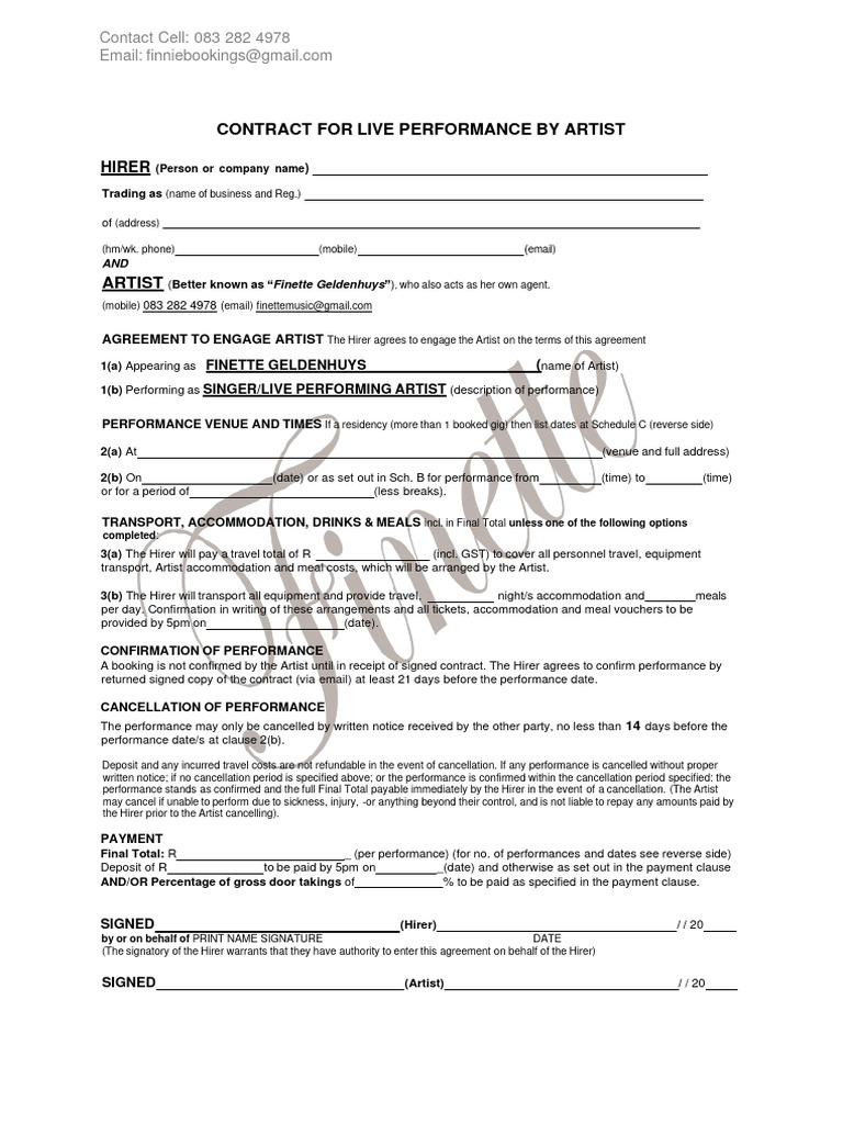 Live Performance Contract for Finette Geldenhuys | PDF | Indemnity ...