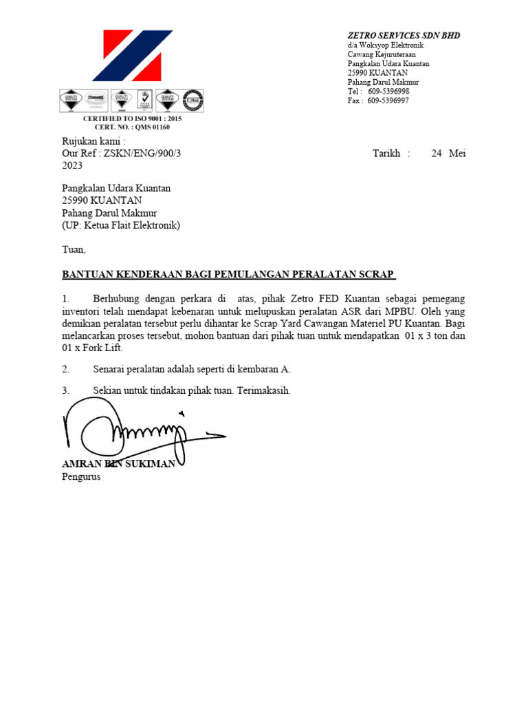 Surat Kenderaan Utk Scrap | PDF