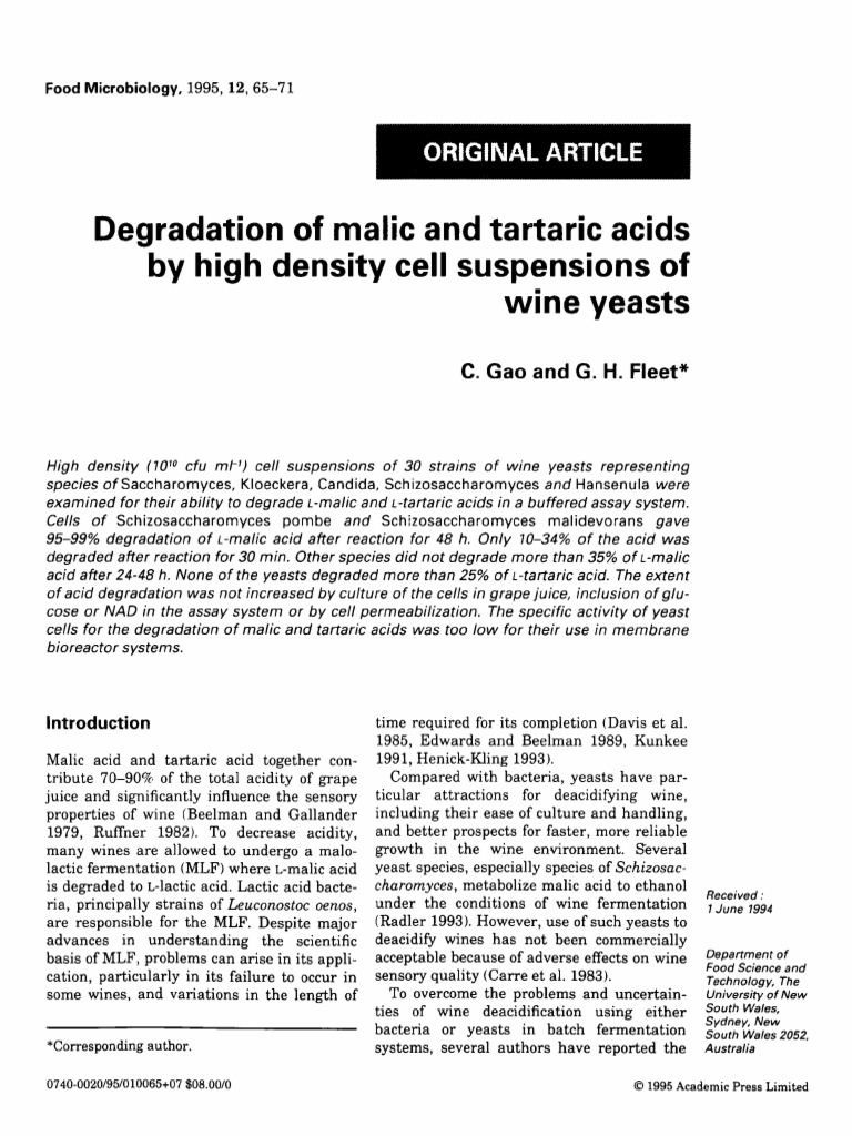 ART - Degradation of Malic and Tartaric Acids by High Density Cell Suspensions of Wine Yeasts ...