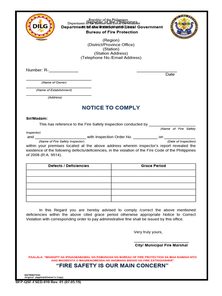 FSED 010 Notice To Comply (NTC) REV 1 | PDF | Fire Safety | Emergency ...