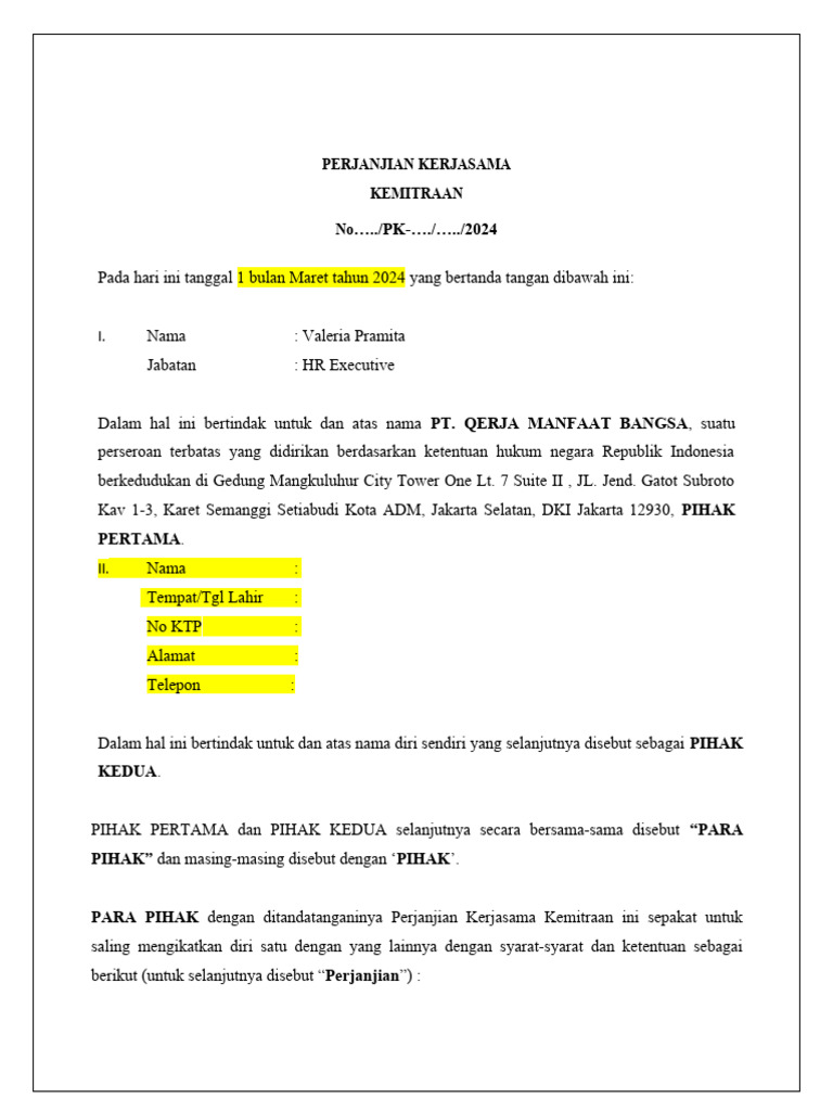 Draft Surat Kemitraan PT. QMB - BTI | PDF | Hukum