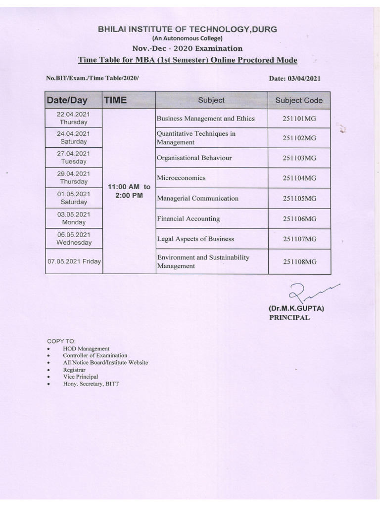 Time Table - MBA First Semester (Autonomous) End Semester Examination | PDF