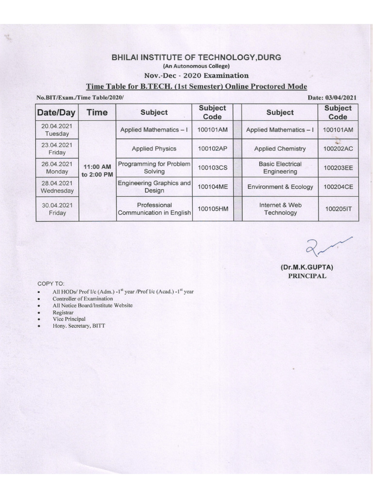 Time Table - BTECH First Semester (Autonomous) End Semester Examination ... Time Table - BTECH First Semester (Autonomous) End Semester Examination ...