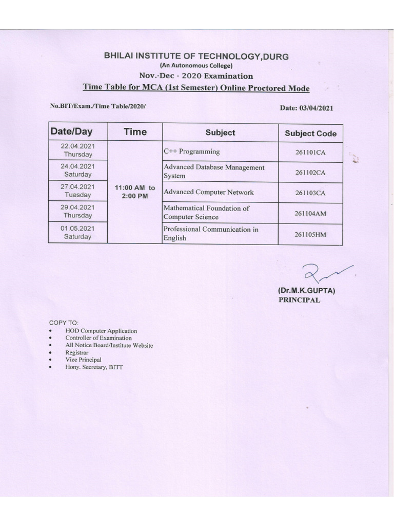 Time Table - MCA First Semester (Autonomous) End Semester Examination | PDF