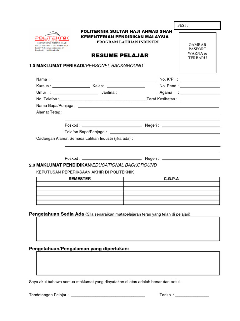 Resume Pelajar: 1.0 Maklumat Peribadi/Personel Background | PDF
