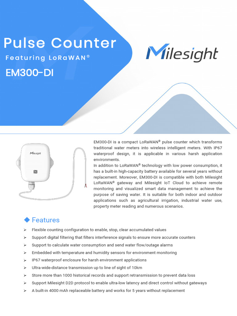 Milesight Iot Em300 Di Medidor De Pulsos Lorawan Pdf Internet Of Things Gateway