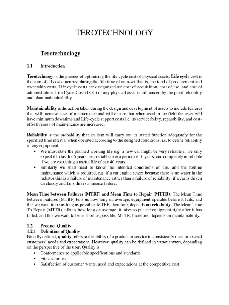Terotechnology Notes Part One | PDF | Reliability Engineering | Quality ...