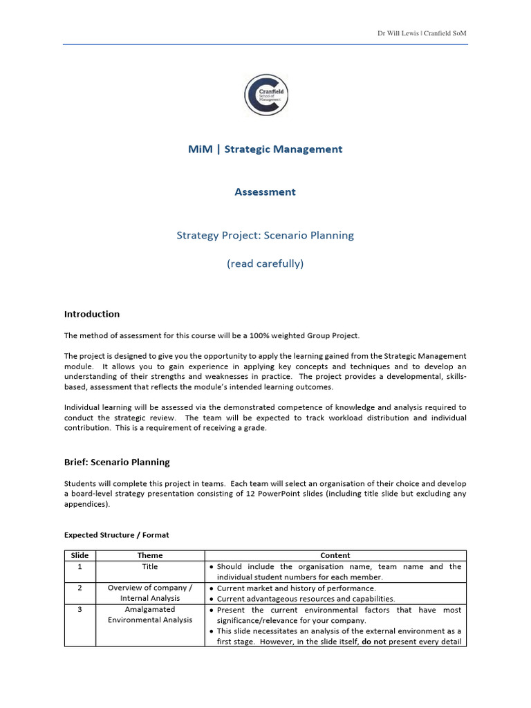 MiM Strategic Management Assessment Guide | PDF | Scenario Planning ...