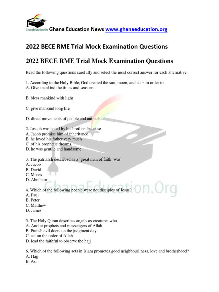 2022 BECE RME Mock Exam Questions | PDF | Prophets And Messengers In ...