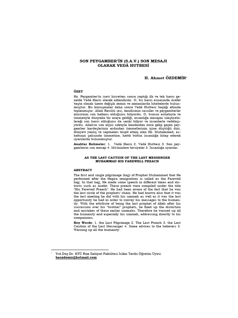 Son Peygamber - in (S.A.V.) Son Mesaj - Olarak Ved - Hutbesi (#62159) - 52554 | PDF