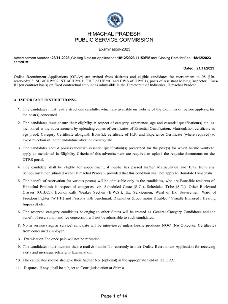 Advertisement Number 28112023 ASSITANT MINING INSPECTOR | PDF | Law