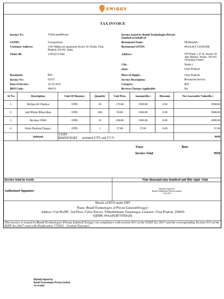 Swiggy bill-JAN | Download Free PDF | Invoice | Government Finances