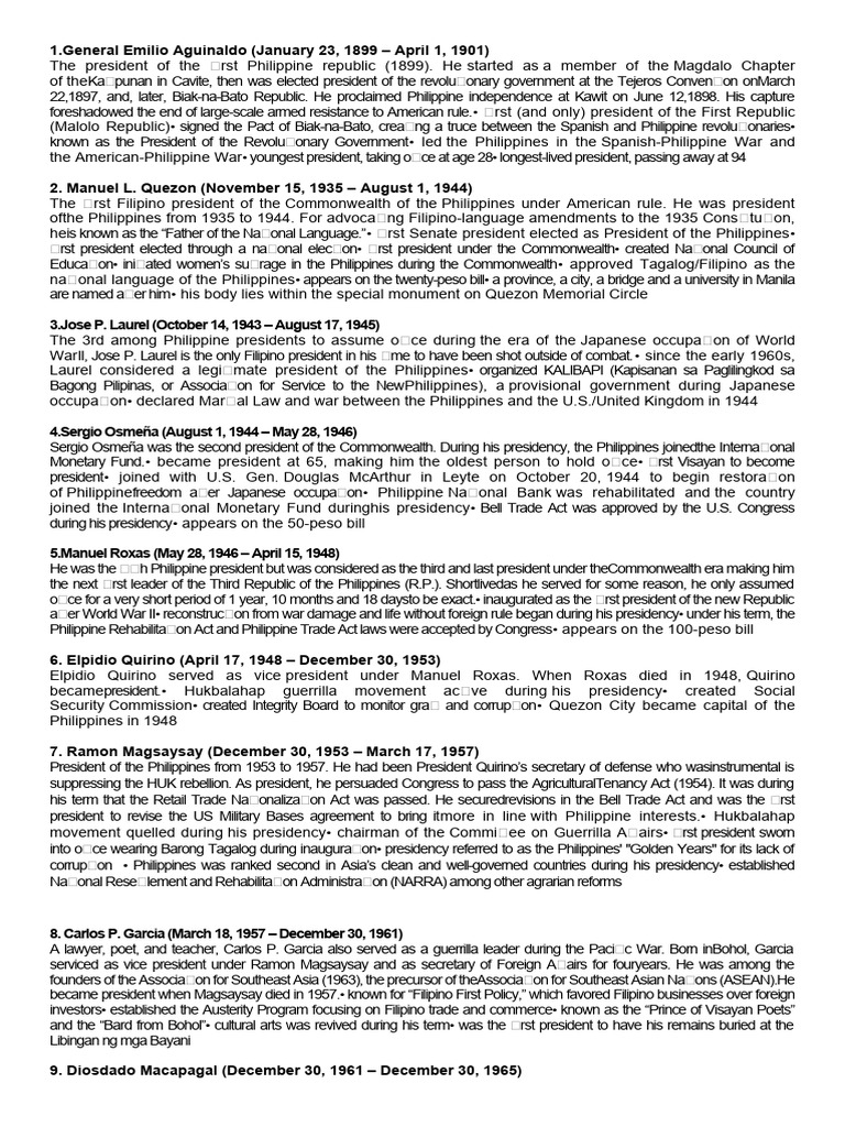 Presidents of The Philippines | PDF | President Of The Philippines | World Politics