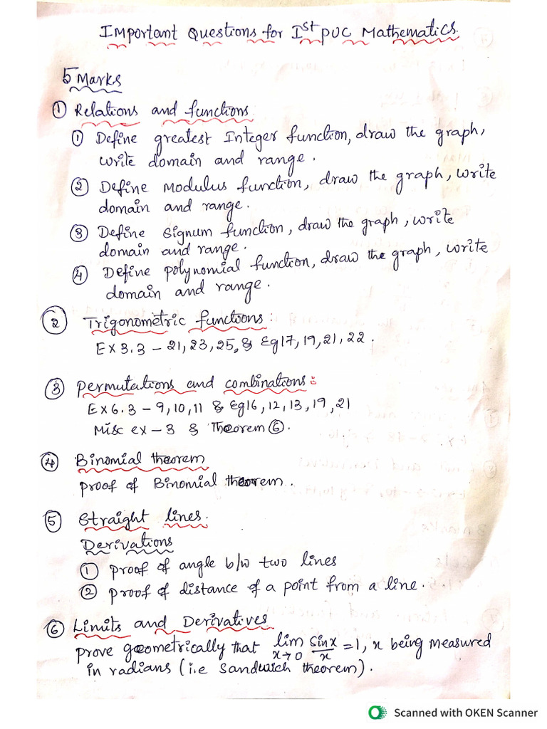 1st Puc Maths Imp Questions | PDF