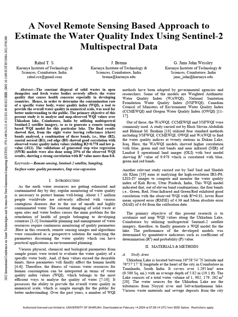 A Novel Remote Sensing Based Approach To Estimate The Water Quality Index Using Sentinel 2