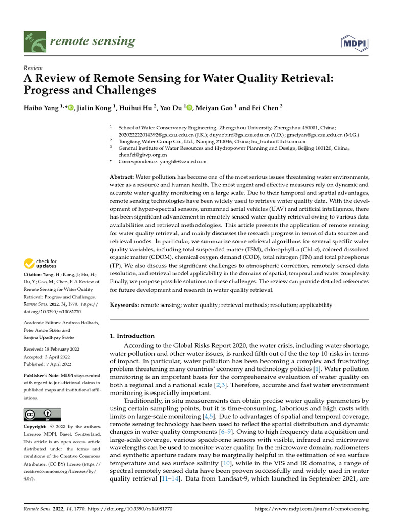 A Review of Remote Sensing For Water Quality Retrieval Progress and Challenges | PDF | Remote ...