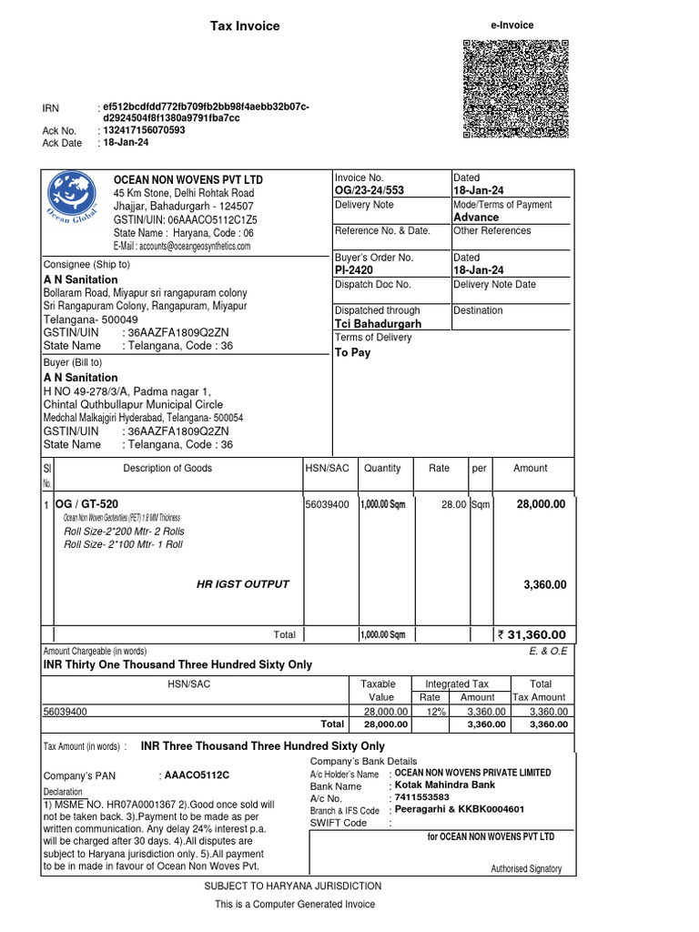 Business Invoice for A N Sanitation | PDF | Payments | Taxes