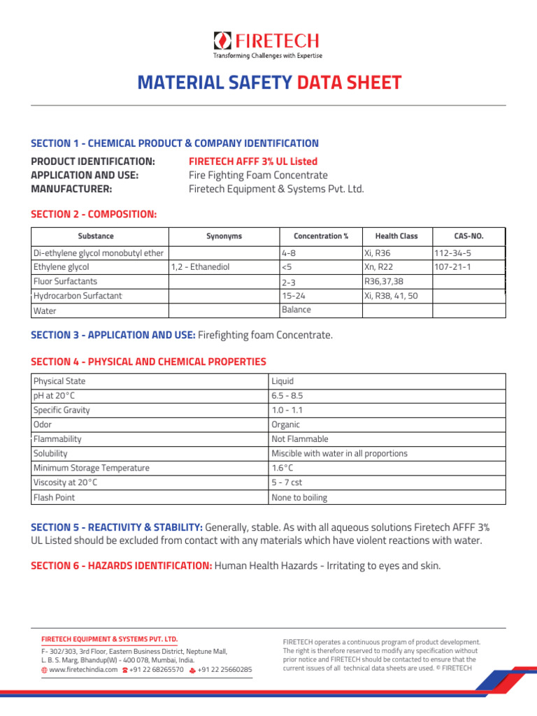 AFFF Fire Fighting Foam MSDS | PDF | Physical Sciences | Safety