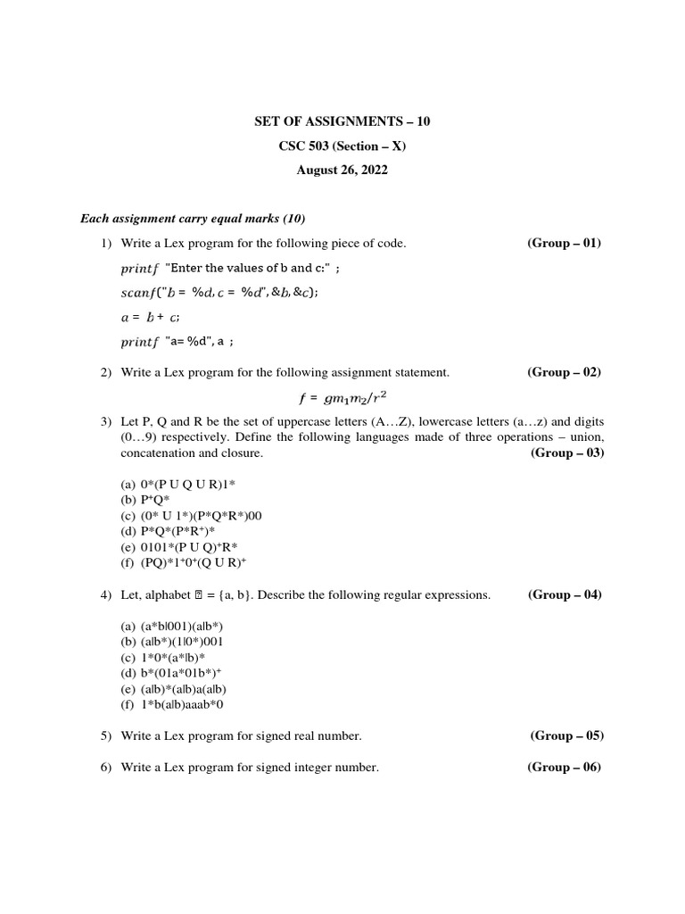 Set of Assignments | PDF | Notation | Computer Science