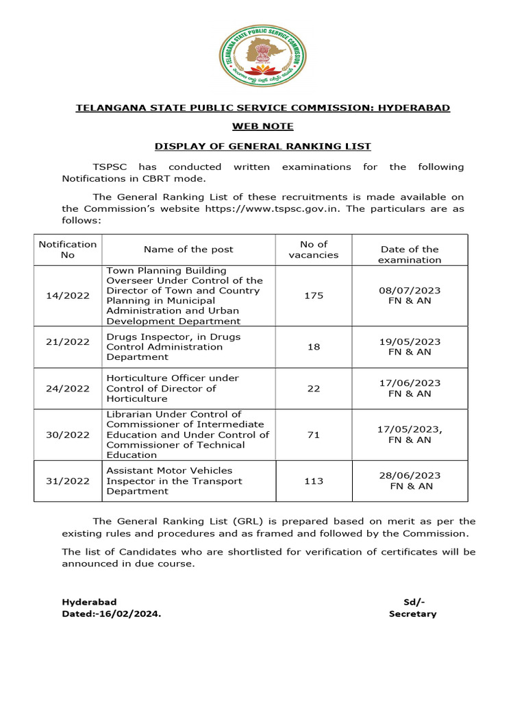 TSPSC General Ranking List 2024 | PDF | Transport | Government