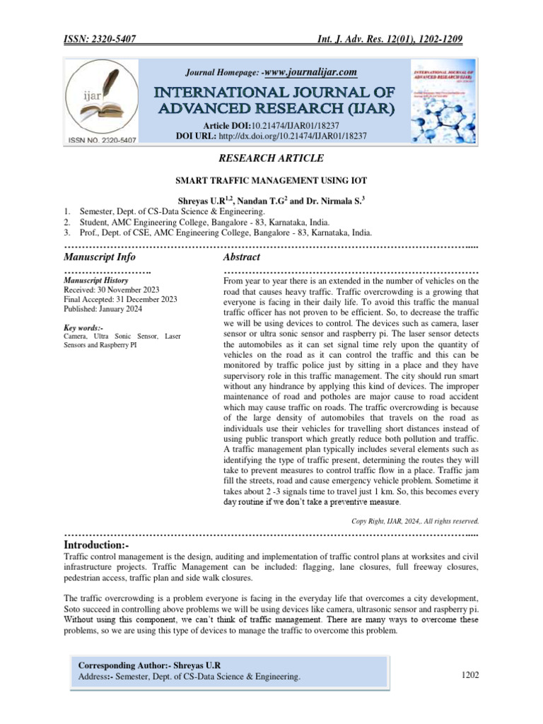 Smart Traffic Management Using Iot Pdf Traffic Internet Of Things