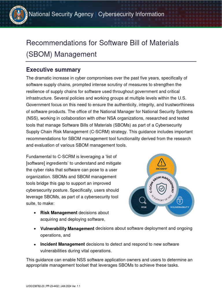 NSA CSI-SCRM-SBOM-Management-v1.1 Jan Update 20240104 | PDF | Security | Computer Security