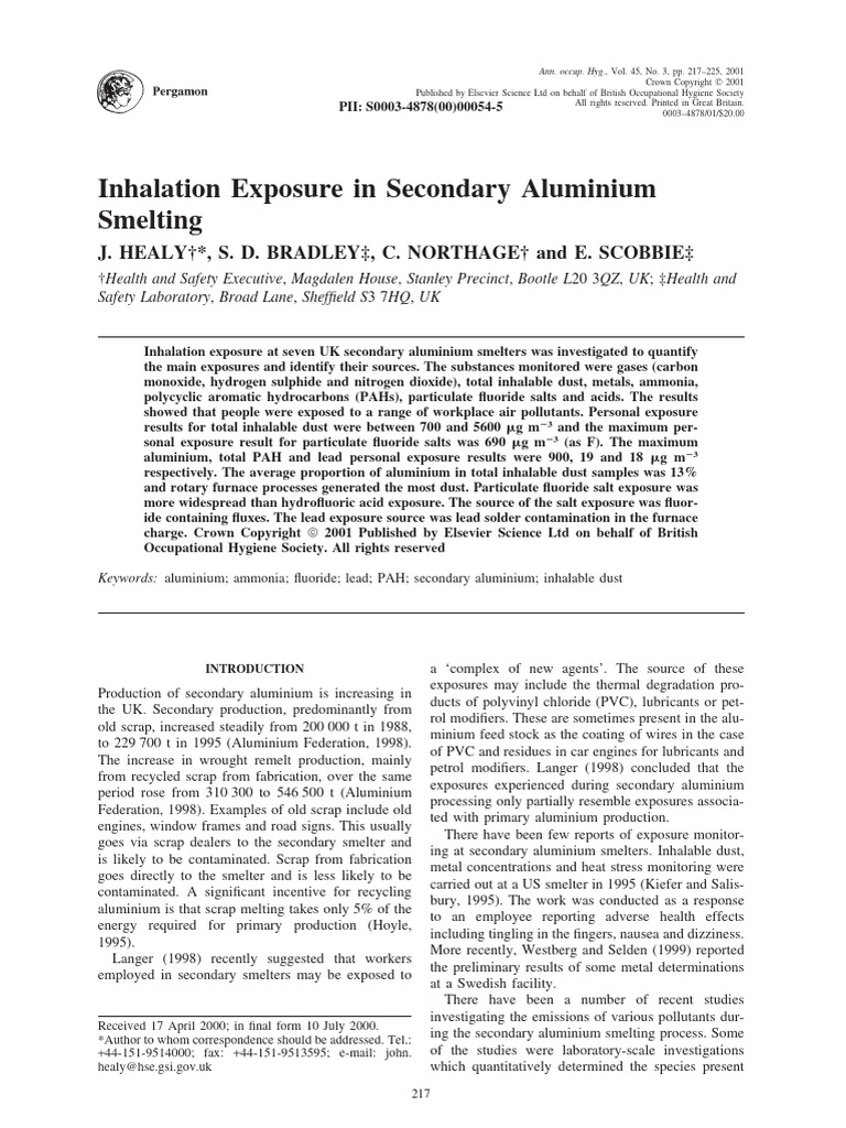 Inhalation Exposure in Secondary Aluminium | PDF | Smelting | Aluminium