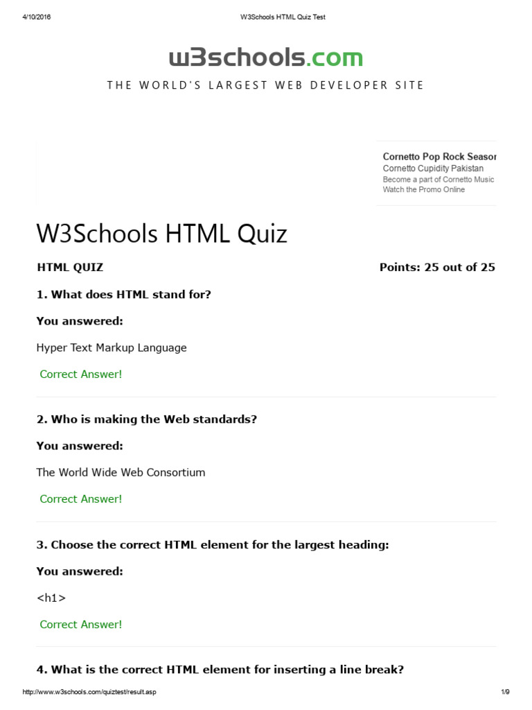 W3Schools HTML Quiz Results | PDF | Html | Html Element