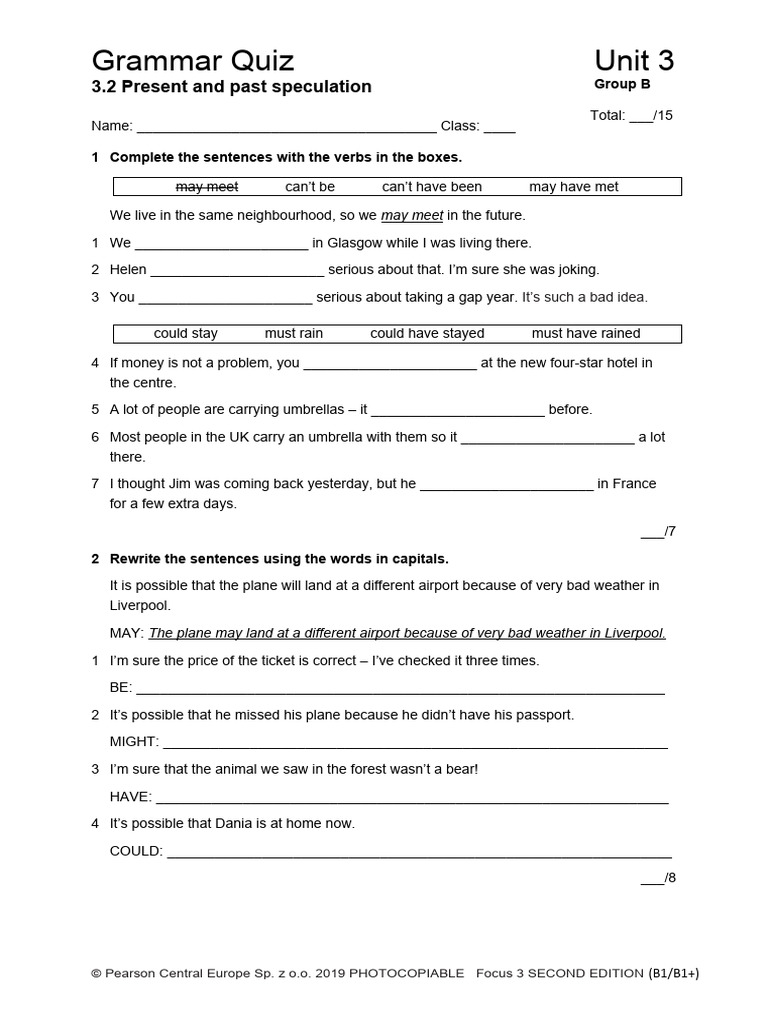 Focus3 2E Grammar Quiz Unit3.2 GroupB | PDF