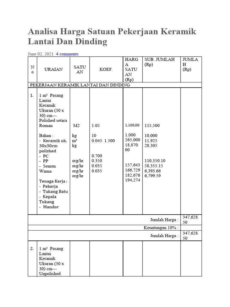 Analisa Harga Satuan Pekerjaan Keramik Lantai Dan Dinding | PDF