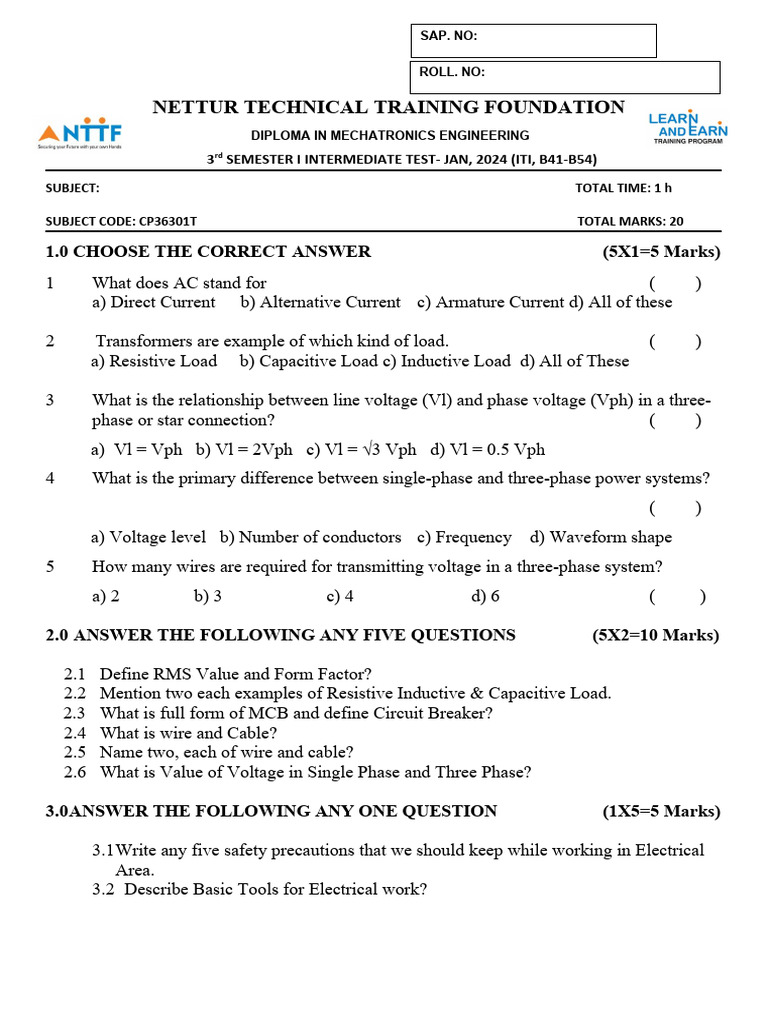 Mechatronics Engineering Test Jan 2024 | PDF | Alternating Current ...