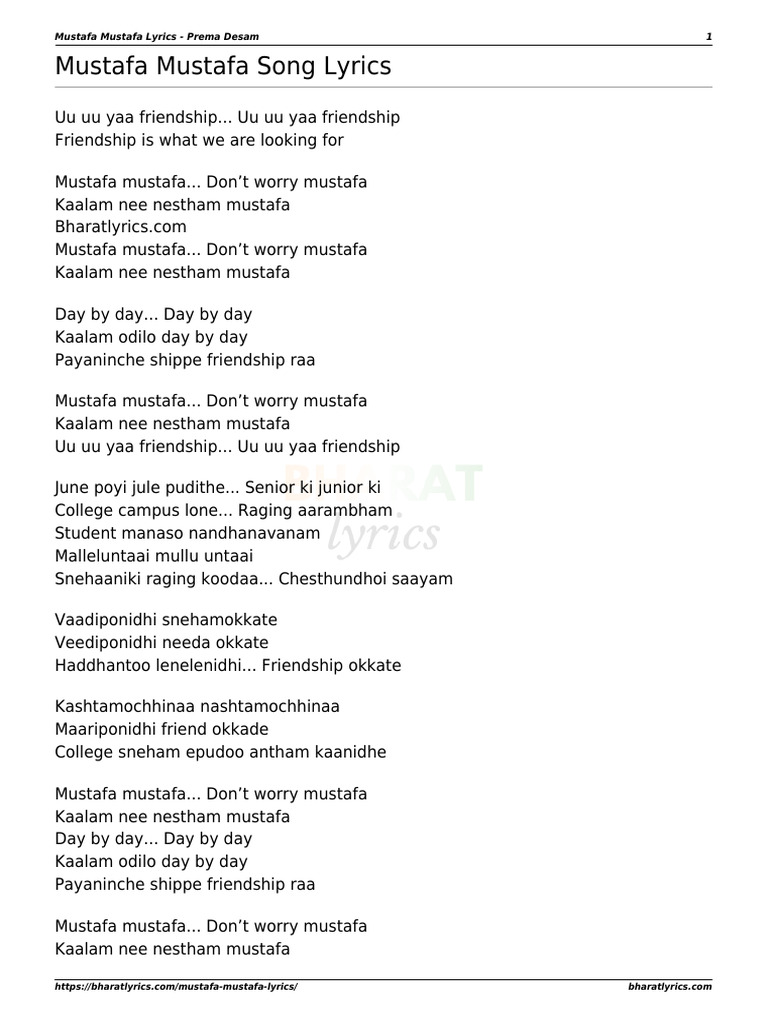 Mustafa Mustafa Lyrics | PDF