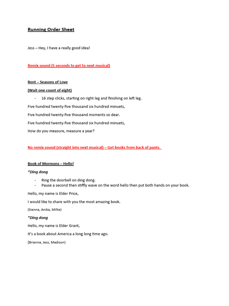 Running Order Sheet | PDF