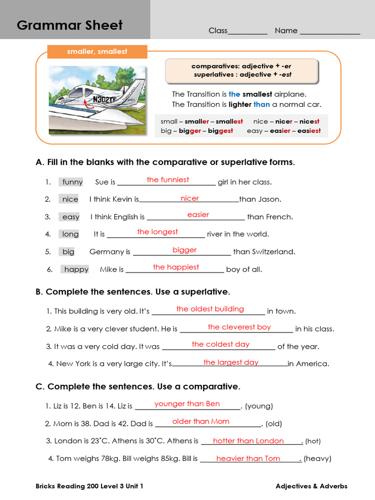 Bricks Reading 200 - L3 - Grammar Sheet - Answer Key | PDF | Adjective ...