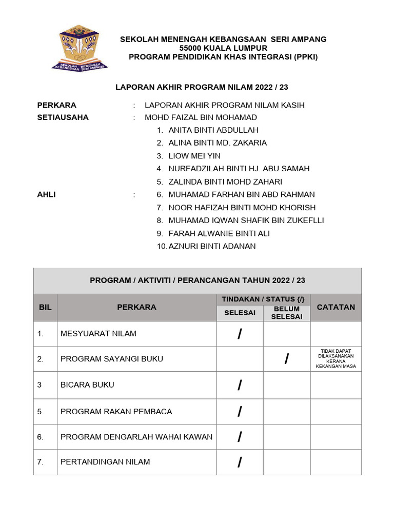 Laporan Akhir Program Nilam Kasih 1 | PDF