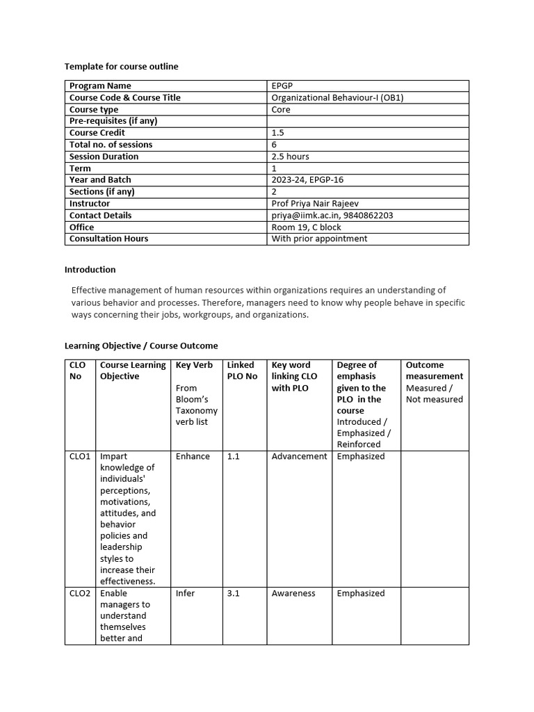 EPGP OB1 Courseoutline | PDF | Learning | Motivation